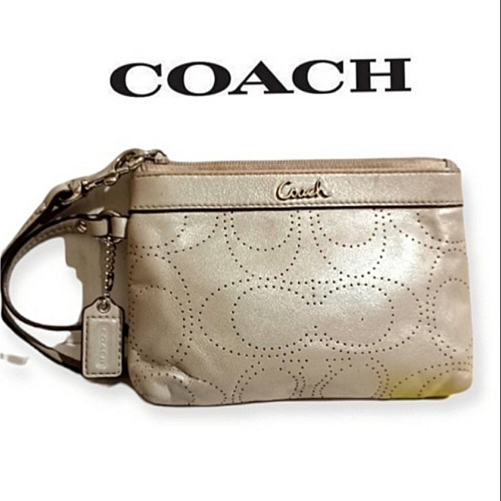 Coach Metallic Perforated Signature C Wristlet Euc - Gem